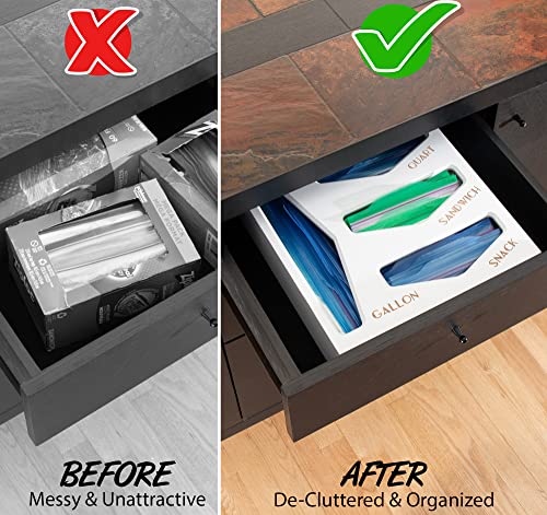provoom Ziplock Bag Storage Organizer – Ziplock Organizer for Drawer with Grocery Bag Holder – Bamboo Baggie Organizer Compatible with Gallon, Sandwich, Snack, Quart Food Storage Bags(WHITE)