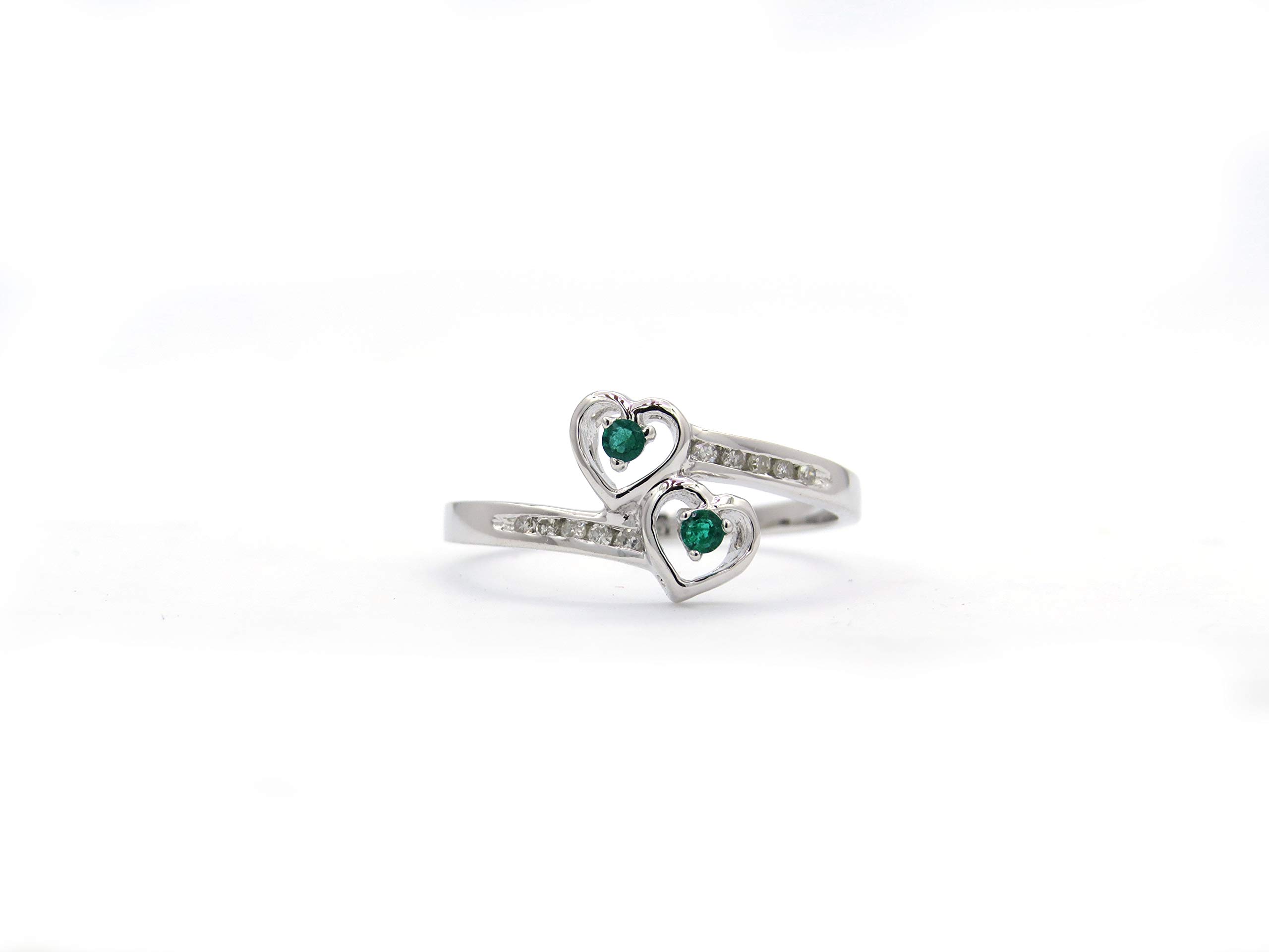 Dazzlingrock Collection Round Green Emerald & Diamond Ladies Double Heart Promise Ring in 925 Sterling Silver, Size 7