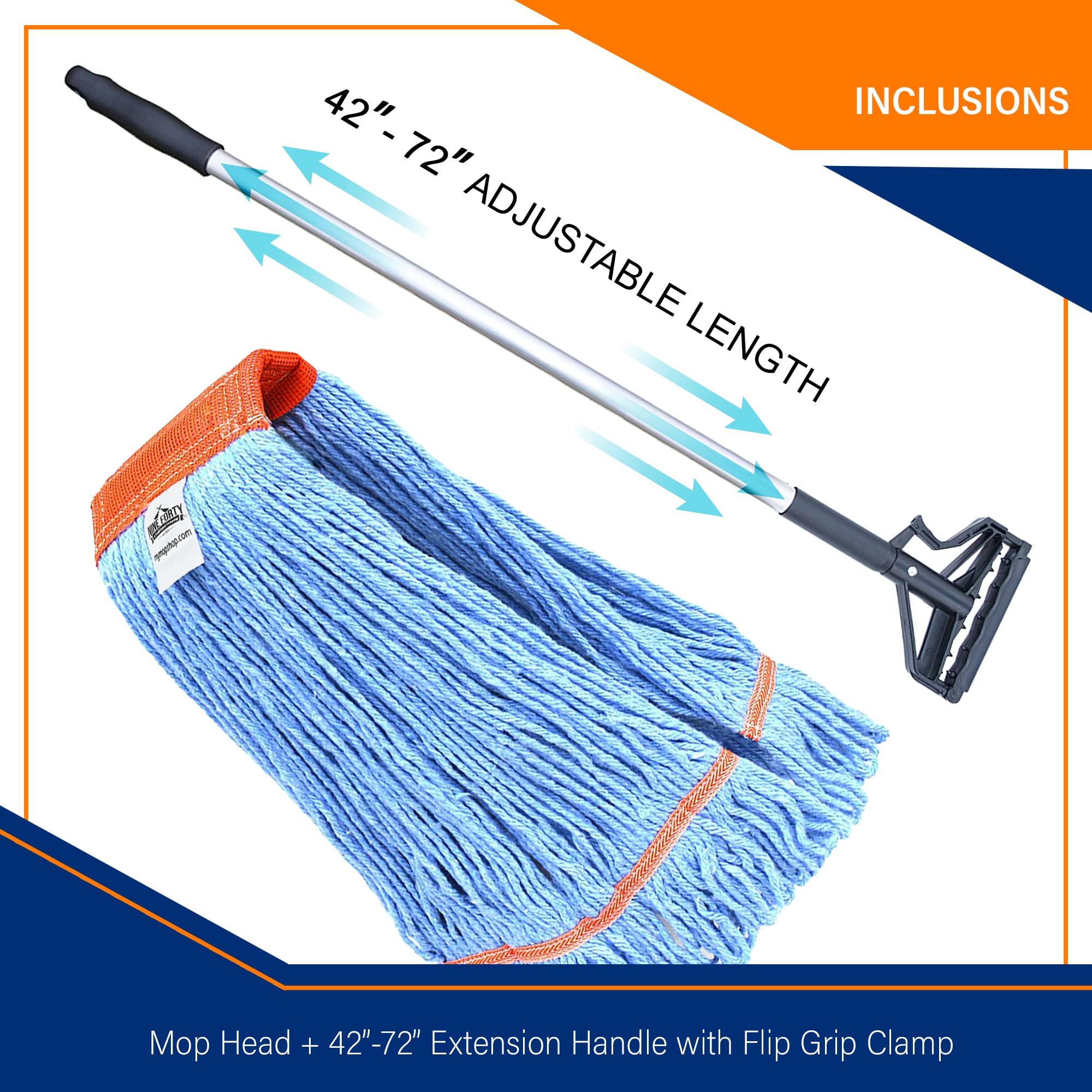 Nine Forty Industrial and Commercial-Grade Looped End Wet Mop - String Mop with 42β-72β Adjustable Aluminum Handle Length - Flip Grip Clamp - for Optimal Absorption and Durability - Blue