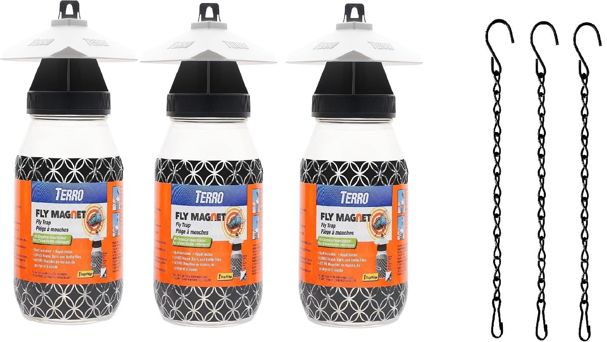 Plexon 3 Pack of TERRO Fly Magnet, Reusable Fly Trap - Includes 3 Fly Bait Packet and 3 Heavy Duty 9.5 PLEXON Hanging Chain (3 Traps)