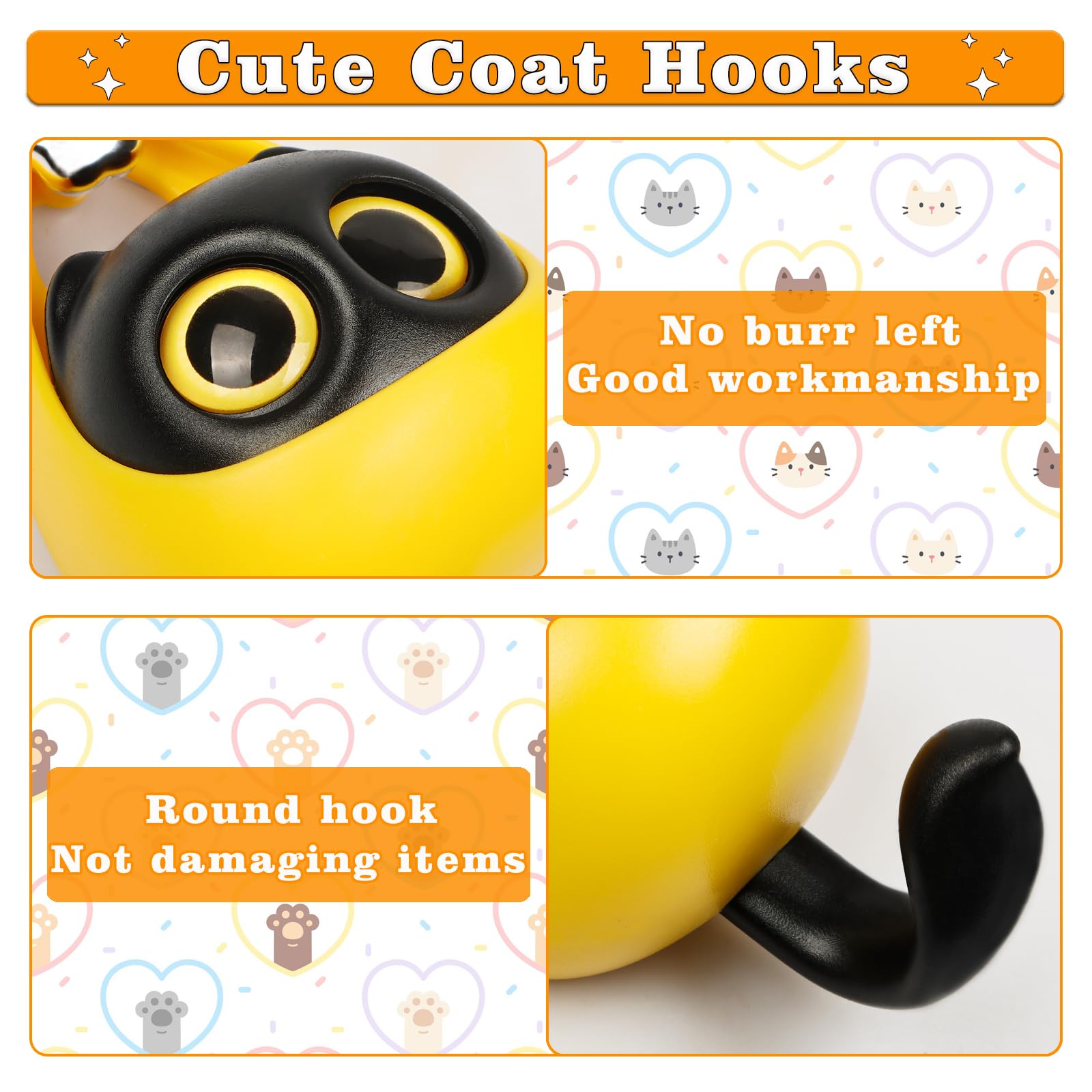 Nokiils Adhesive Cute Wall Hooks, Cute Cat Key Holder for Wall, Creative Utility Coat Hook for Home Kitchen Bathroom Room Decor (Yellow)