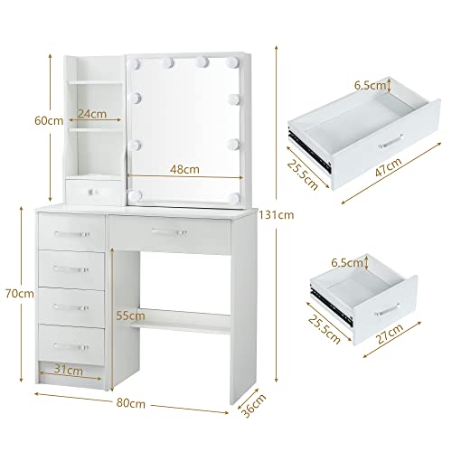 Vanity Desk, Makeup Vanity with Mirror and 10 LED Lights, Makeup Dressing Table with 6 Drawers and Chair, Vanity Table with 3 Lighting Modes for Bedroom