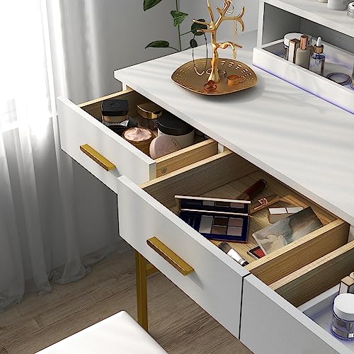 Vanity Table with Lighted Mirror, 3 Drawers Makeup Desk Dressing Table with Lots Storage Vanity Set with Wider Cushioned Stool for Bedroom (White)