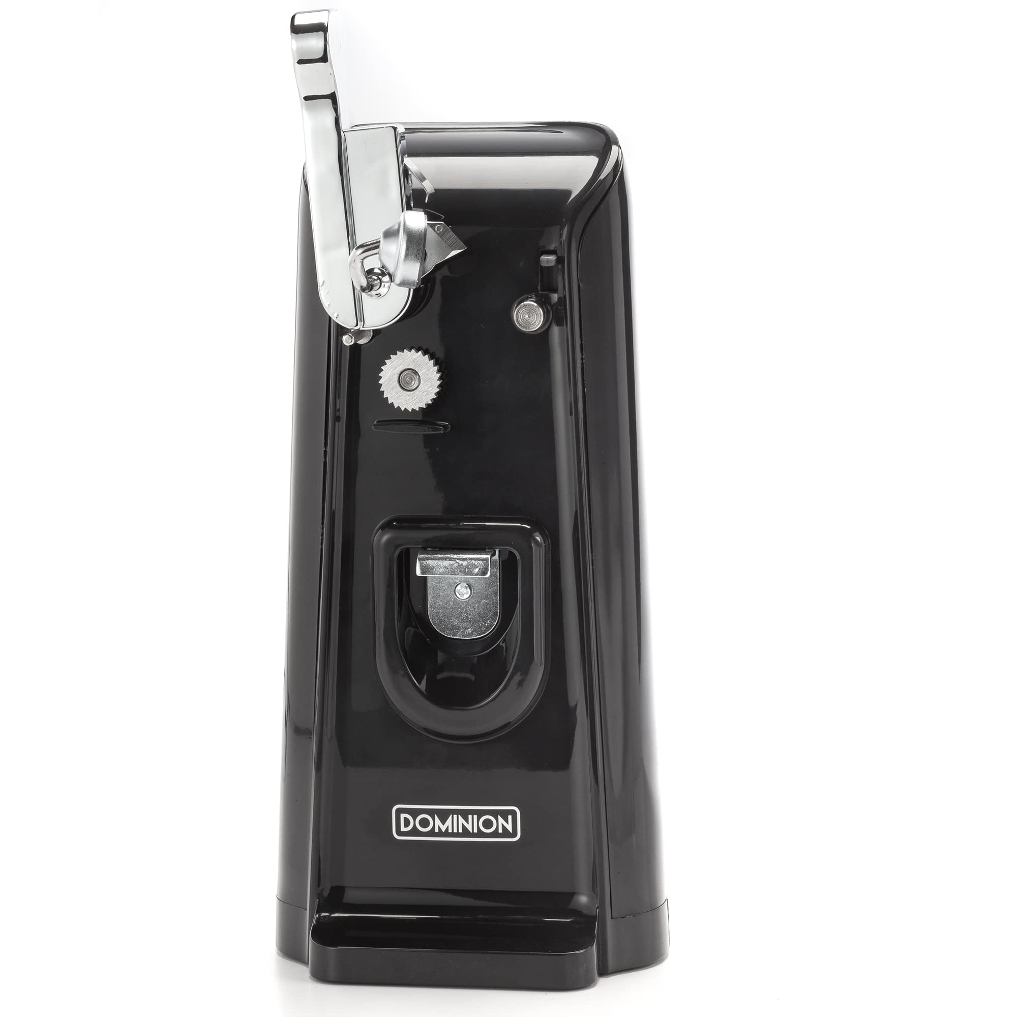 Dominion Tall Electric Can Opener, Easy Push Down Lever, Knife Sharpener, Bottle Opener & Built-In Cord Storage, Opens All Standard-Size and Pop-Top Cans, Easy to Clean, Black
