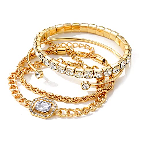IFKM Gold Bracelet For Women Girls Dainty 14k Gold Plated Bangle Bracelets Set Adjustable Tennis CZ Twisted Chain Link Bangle Bracelet Layered Charm Jewelry Gift For Anniversary (Gold)