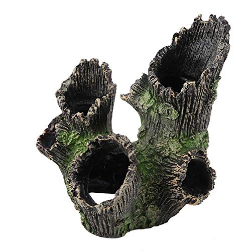 Tiiyee Aquarium Hollow Tree Trunk Ornament, Fish Decor with Moss Artificial Driftwood Polyresin Hideout Decoration Ornament for Fish Tank and Landscape Resin Log Hideaway(ST 004C)