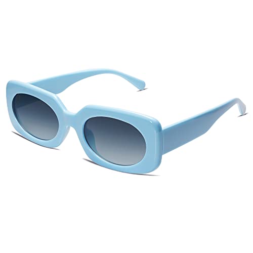 VANLINKER Rectangle Sunglasses for Women Retro Trendy Fashion Glasses Oval Lenses Narrow Thin Square Frame with UV400 Protection VL9624 Sky Blue Frame/Light Blue Lens