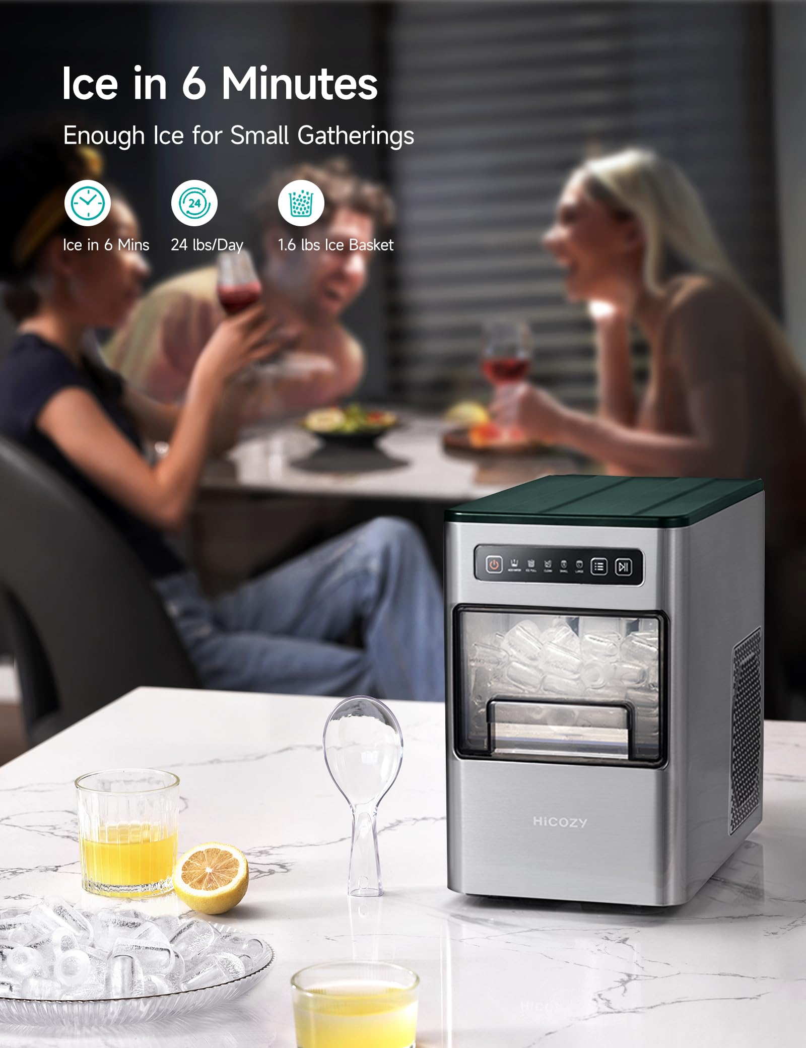 HiCOZY Countertop Ice Maker, Ice in 6 Mins, 24 lbs/Day, Portable & Compact Gift with Self-Cleaning, for Apartment/Cabinet/Kitchen/Office/Camping/RV(Gray Green)