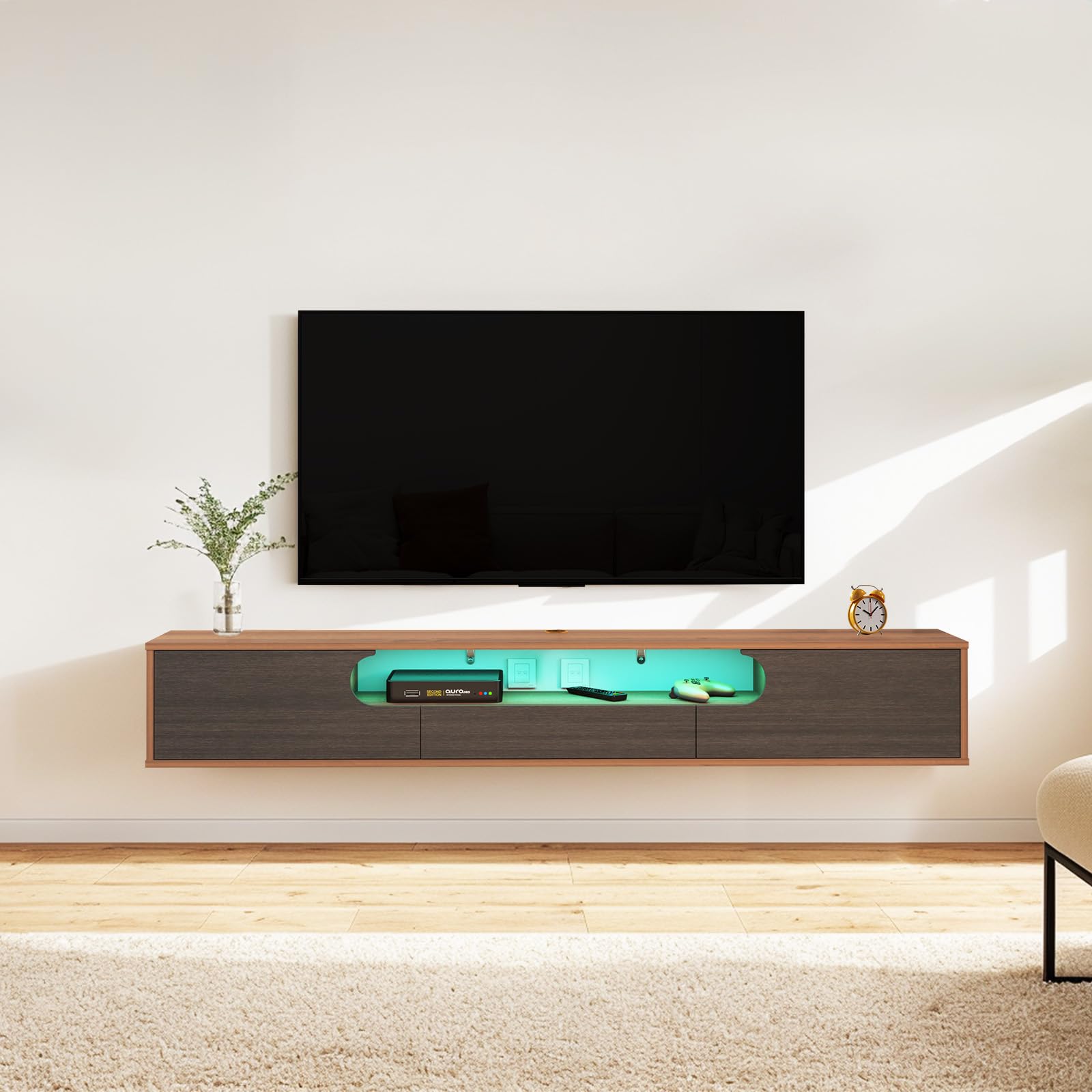Pmnianhua Floating TV Stand with LED Lights,70'' Wall Mounted TV Cabinet Floating Under TV Shelf Media Console Entertainment Center with Storage Living Room Playroom Bedroom(Walnut)