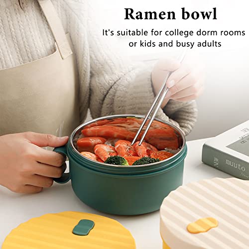 Microwave Ramen Cooker Ramen Bowl Set Microwave Ramen Bowl with Lid and Handle Ramen Noodle Bowl with Chopsticks Stainless Steel Liner Dishwasher Safe for College Dorm Office Home(Yellow&Green)