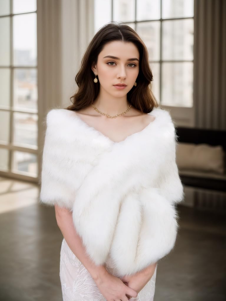 DJBM Women's Faux Fur Shawl Wraps Cloak Coat Sweater Cape for Evening Party Ivory/Brown