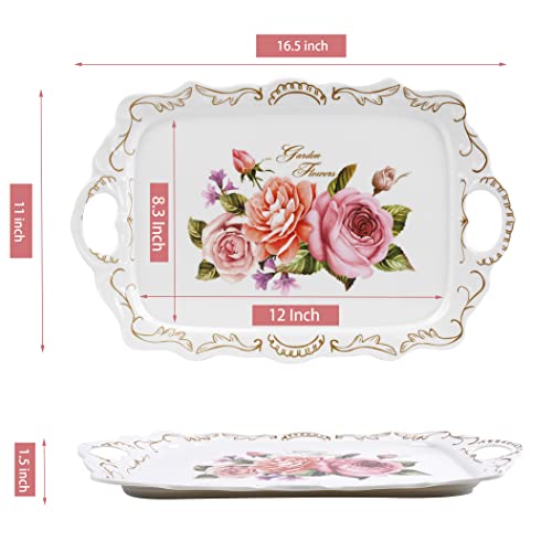Nicunom 3 Pack Serving Trays with Handles, Melamine Stackable Serving Platter BPA-Free Rectangle Food Tray Set with Flower Pattern for Home, Parties and Restaurants, Safe for Dishwashe