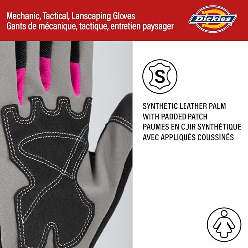 Dickies Heavy Duty Synthetic Leather Work Gloves Women, Touchscreen Compatible | Mechanic, Gardening Gloves, Black/Pink, Small
