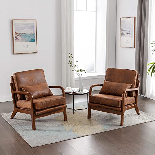 Mid Century Modern Accent Chair Set of 2 Living Room- Comfy Solid Wood Arm Chair with Lumber Pillow Lounge Decorative Brown Leather Office Side Chair Bedroom Reading Nook Sillas De Sala Microfiber