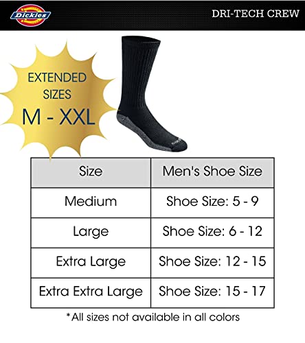 Dickies Men's Dri-Tech Legacy Moisture Control Crew Socks Multipack, Black (12 Pairs), Large