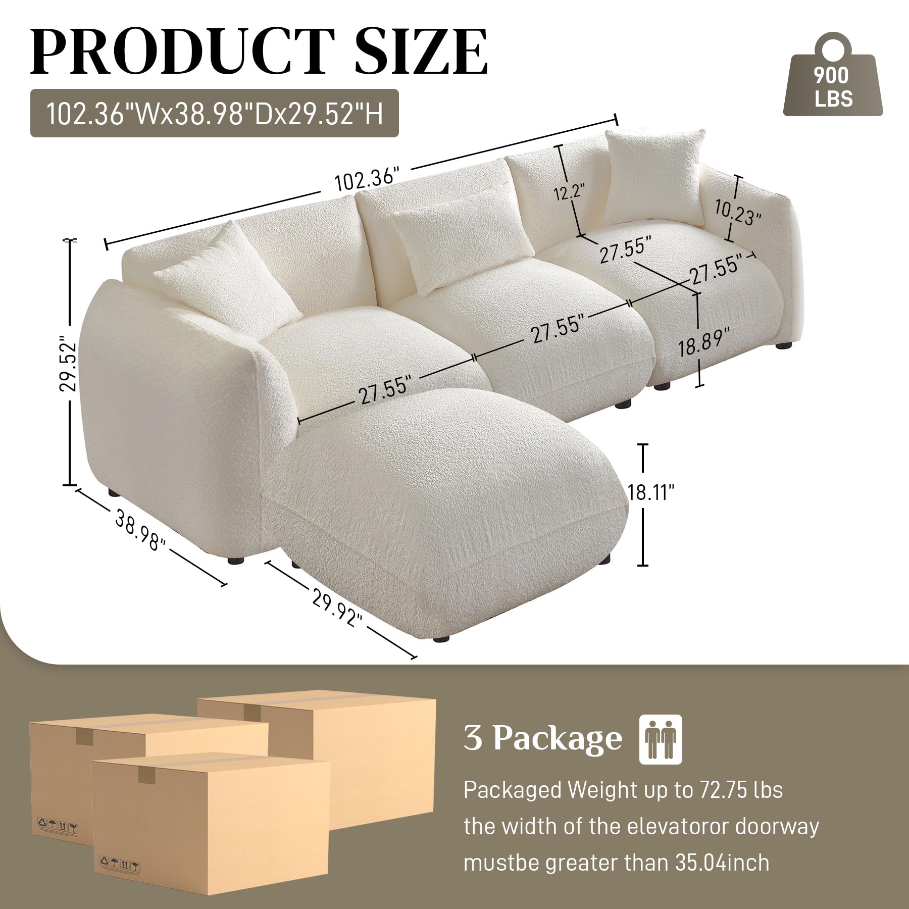 Nolohoo Sectional Sofa Cloud Couch, 102" Upholstered Boucle L-Shaped Deep Couch for Living Room, Comfy 4-Seat Overstuffed Couch with Movable Ottoman Pillows for Apartment (Cream, Boucle)