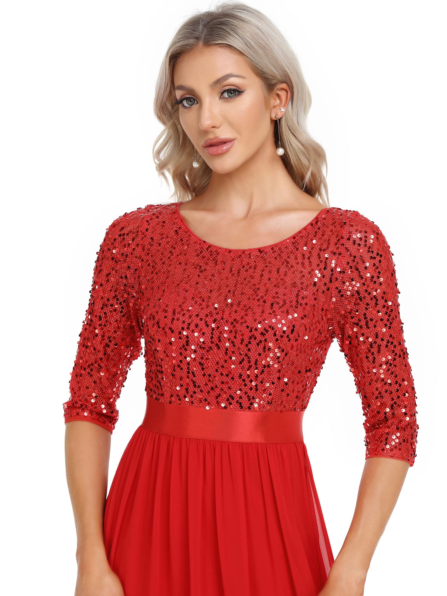 Ever-Pretty Women's Elegant A Line Crew Neck Half Sleeve Sequin Maxi Evening Dress Red US10