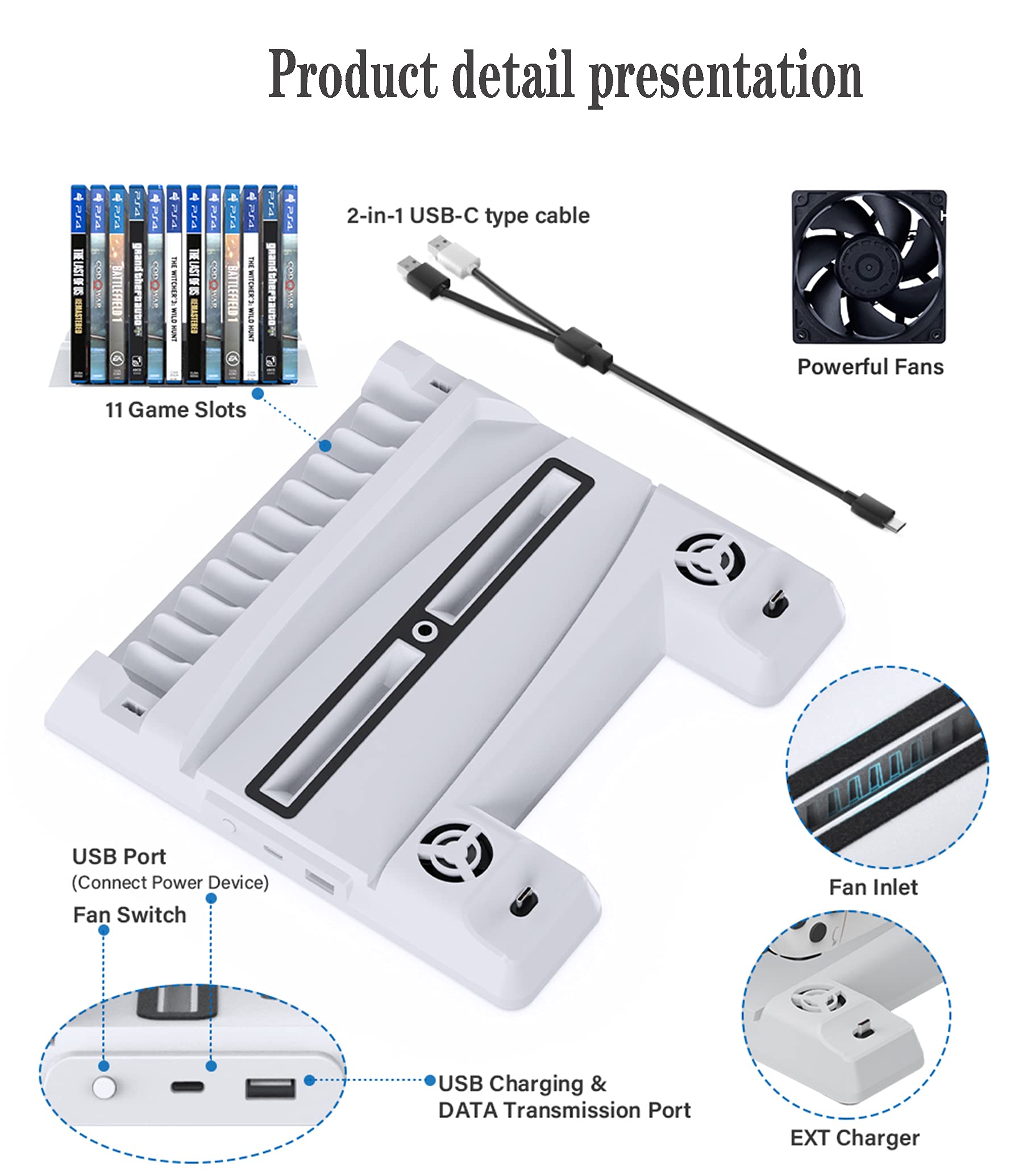 DOBE-TP5-0593 PS5 Stand with Suction Cooling Fan and Dual Controller Charger Station for Playstation 5 PS5 cooling fan stand + CD storage rack + handle dual charging for PS5 DE/UHD (white)