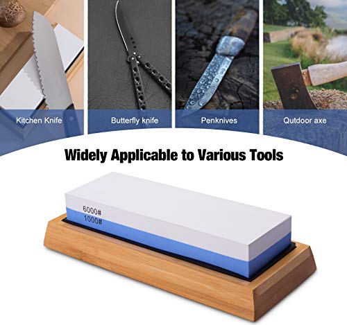 MIDO PROFESSIONAL ABRASIVE Whetstone Knife Sharpener 2 Side Grit 1000/6000 Knife Sharpening Stone, Knife Sharpener Stone with Non-slip Bamboo Base, Wet Stone Sharpening Kit for Kitchen Hunting