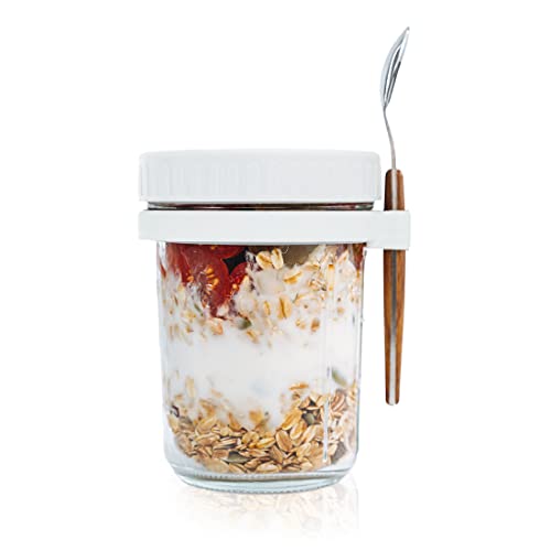 SMARCH Overnight Oats Jars with Lid and Spoon,10 oz Large Capacity Airtight Oatmeal Container with Measurement Marks, Mason Jars with Lid for Cereal On The Go Container (white)