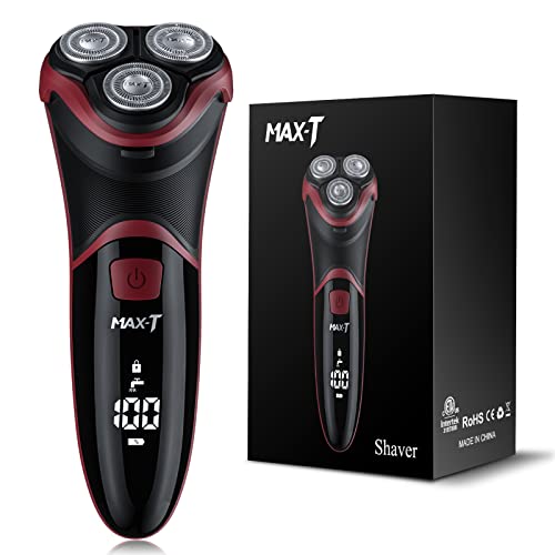 MAX-T Men's Electric Shaver - Corded and Cordless Rechargeable 3D Rotary Shaver Razor for Men with Pop-up Sideburn Trimmer Wet and Dry Painless 100-240V Red