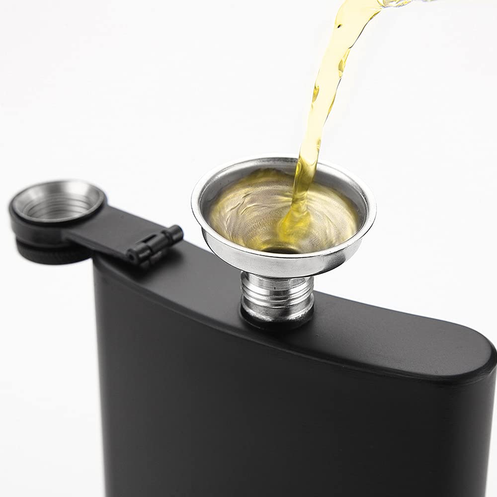 FYL 12 Oz 18/8 Stainless Steel Hip Flask for Liquor with Never-Lose Cap, Leakproof Easy Pour Funnel is Included, Matte Black