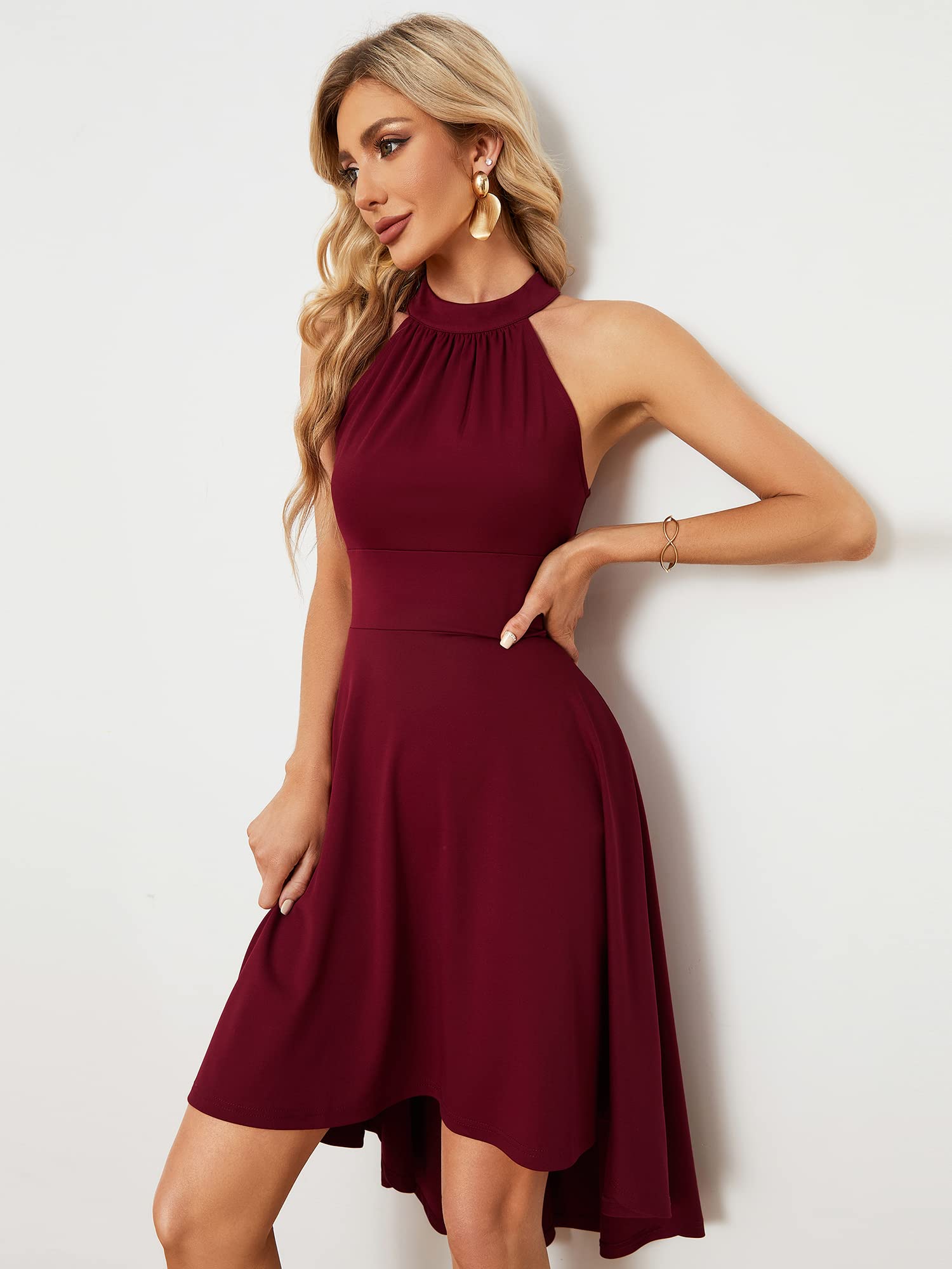 Ever-Pretty Women's Halter Neck Pleated Sleeveless High Low A-Line Midi Cocktail Dresses Burgundy S