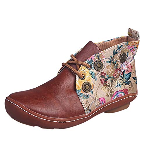 FASDNENDYS Retro Women Leather Flat Lace-Up Flower Print Short Booties Round Toe Shoes Womens Platform Boots Brown