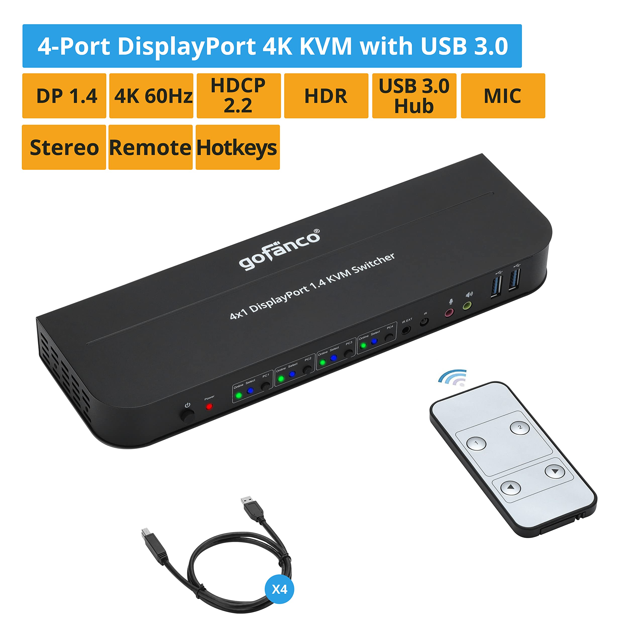 gofanco 4 Port 4K 60HZ DisplayPort KVM Switch with USB 3.0 β DisplayPort 1.4, 4K @60Hz 4:4:4, HDR, HDCP 2.2/1.4, USB Keyboard/Mouse, USB 3.0 Hub, MIC in, Stereo Out, IR Remote, Hotkeys (KVMDP-4P)