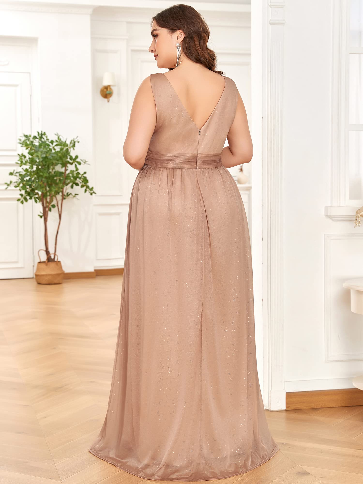 Ever-Pretty Womens Plus Size Ruched Bust Empire Waist Sparkle Stamping V-Neck Mother of The Bride Dress Gold US24