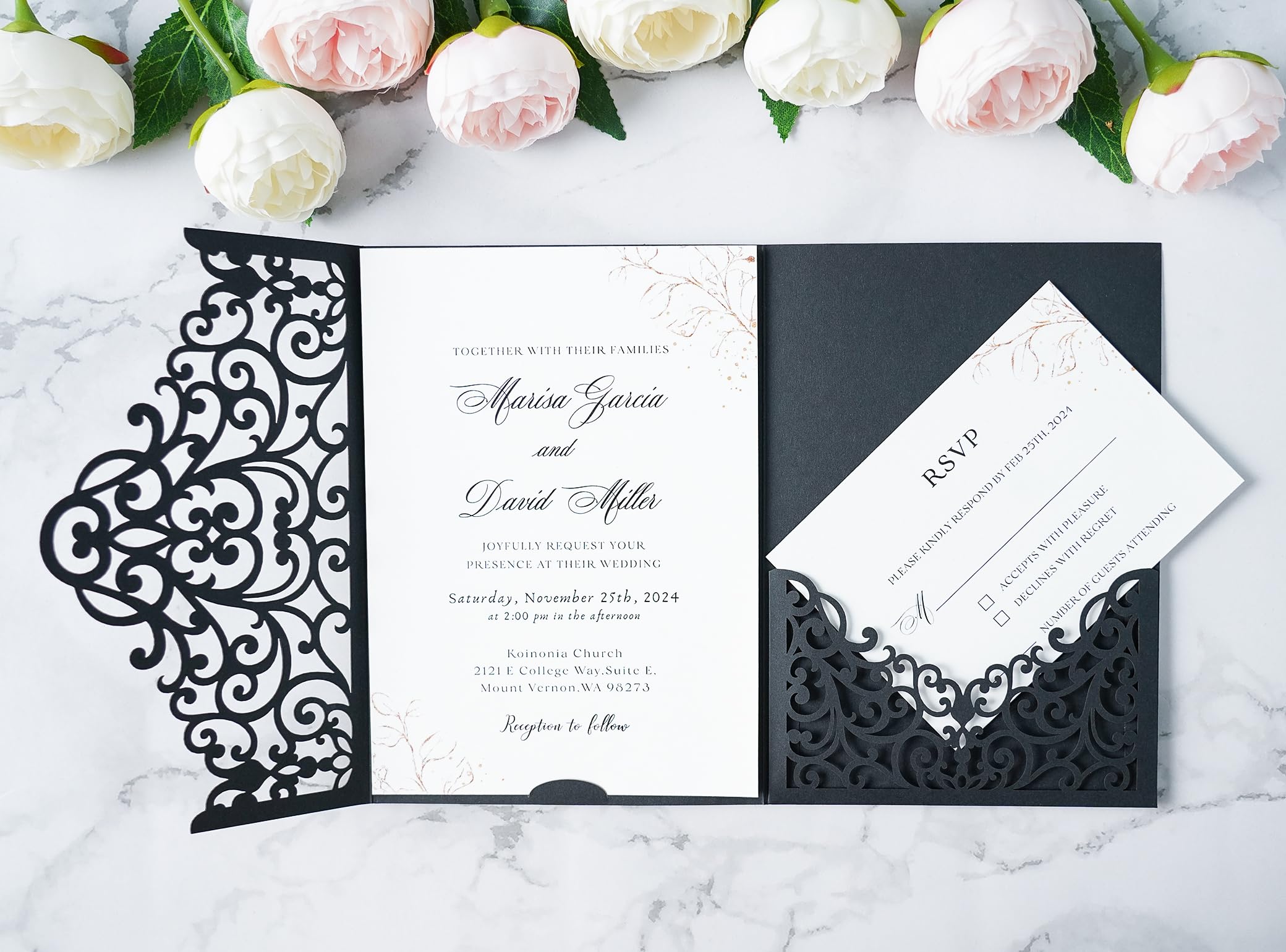 ponatia 20PCS Black Laser Cut Wedding Invitations Pockets, Tri-fold 5x7 Laser Cut Invitation Pockets for Wedding Bridal Shower Quinceanera 15 Anos Invite (No Envelopes & Inner Sheets)