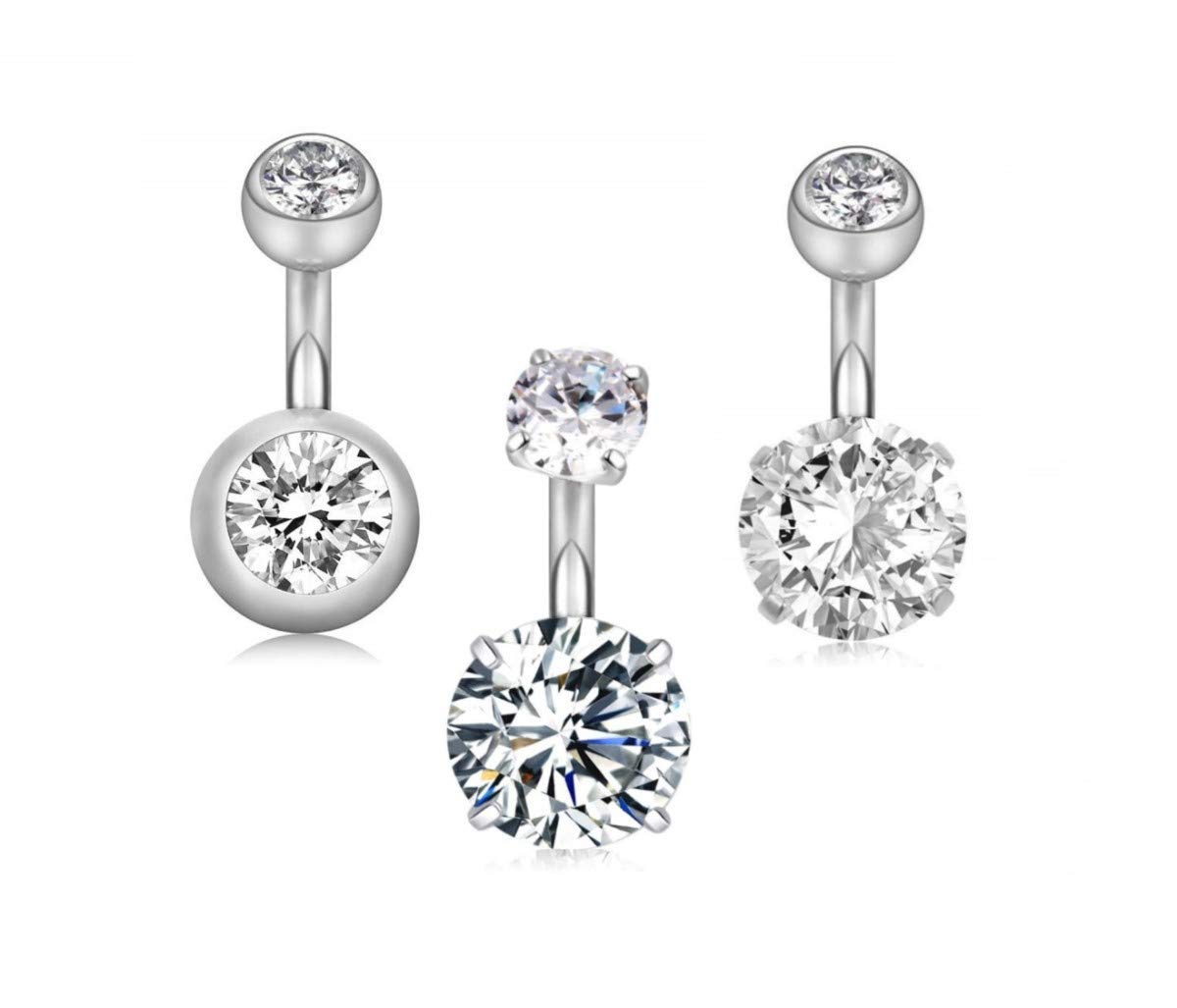 YHMM 14G 1/4"(6mm) Short Bar Surgical Steel Belly Button Rings Round Cubic Zirconia Navel Barbell Stud Body Piercing (6mm bar,3Pcs Silver)