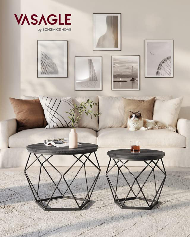 VASAGLE Small Coffee Table Set of 2, Round Coffee Table with Steel Frame, Side End Table for Living Room, Bedroom, Office, Black