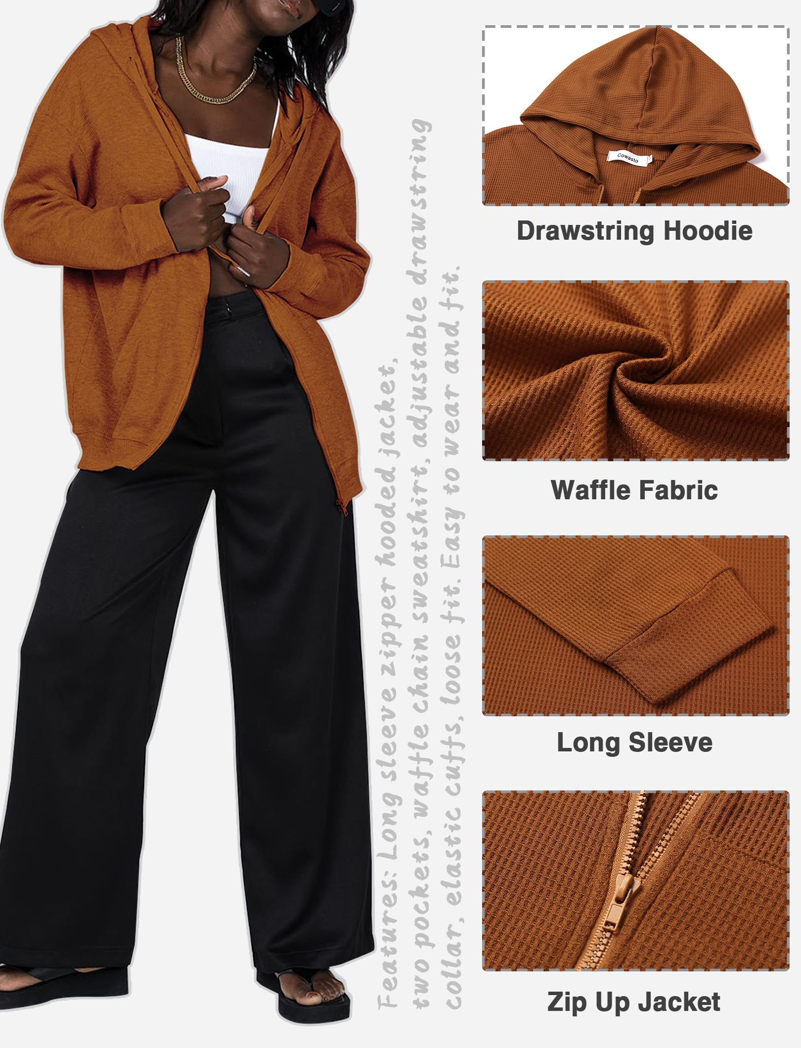 Cowasto Women Full Zip Up Hoodies Long Sleeve Casual Zipper Sweatshirt With Pocket Dark Brown