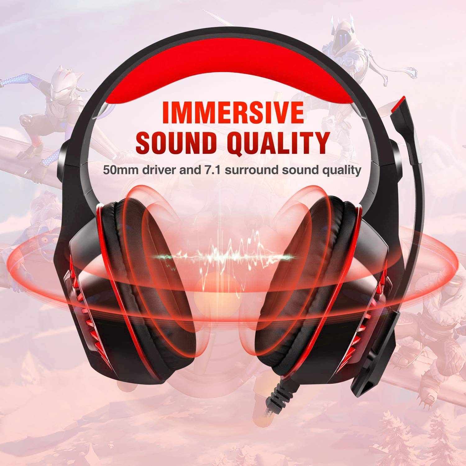 ENVEL Gaming Headset for PS4 with Mic,PC,Xbox One,Laptop,Surround Sound Over Ear Noise Cancelling Headphone with LED Lights Volume Control for Smartphone,Computer,Nintendo Switch (Red)