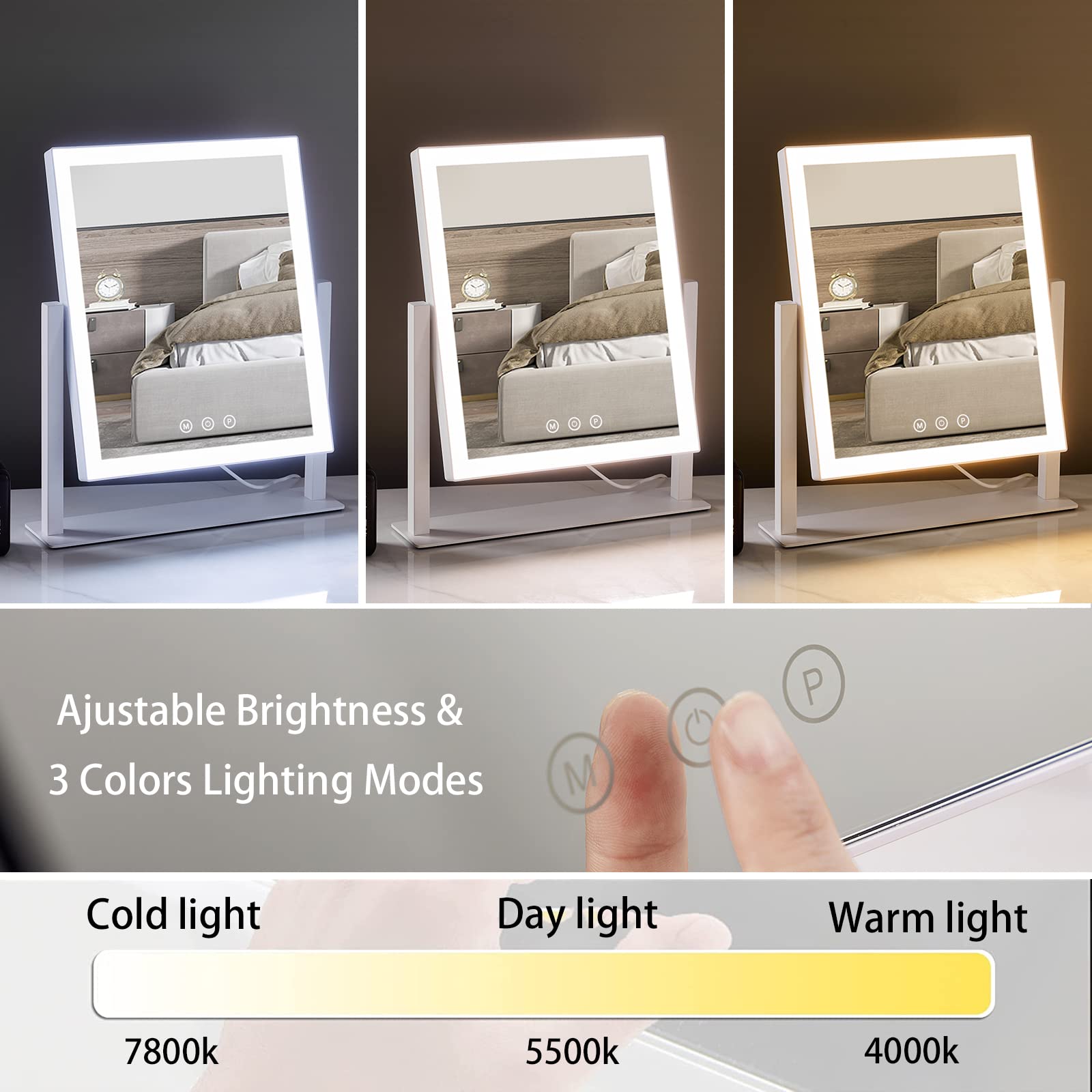 HIEEY Lighted Makeup Mirror, Hollywood Vanity Mirror with Lights, Three Color Lighting Modes, and 5X Magnification Mirror, Smart Touch Control, 360°Rotation (White,Gift Box)