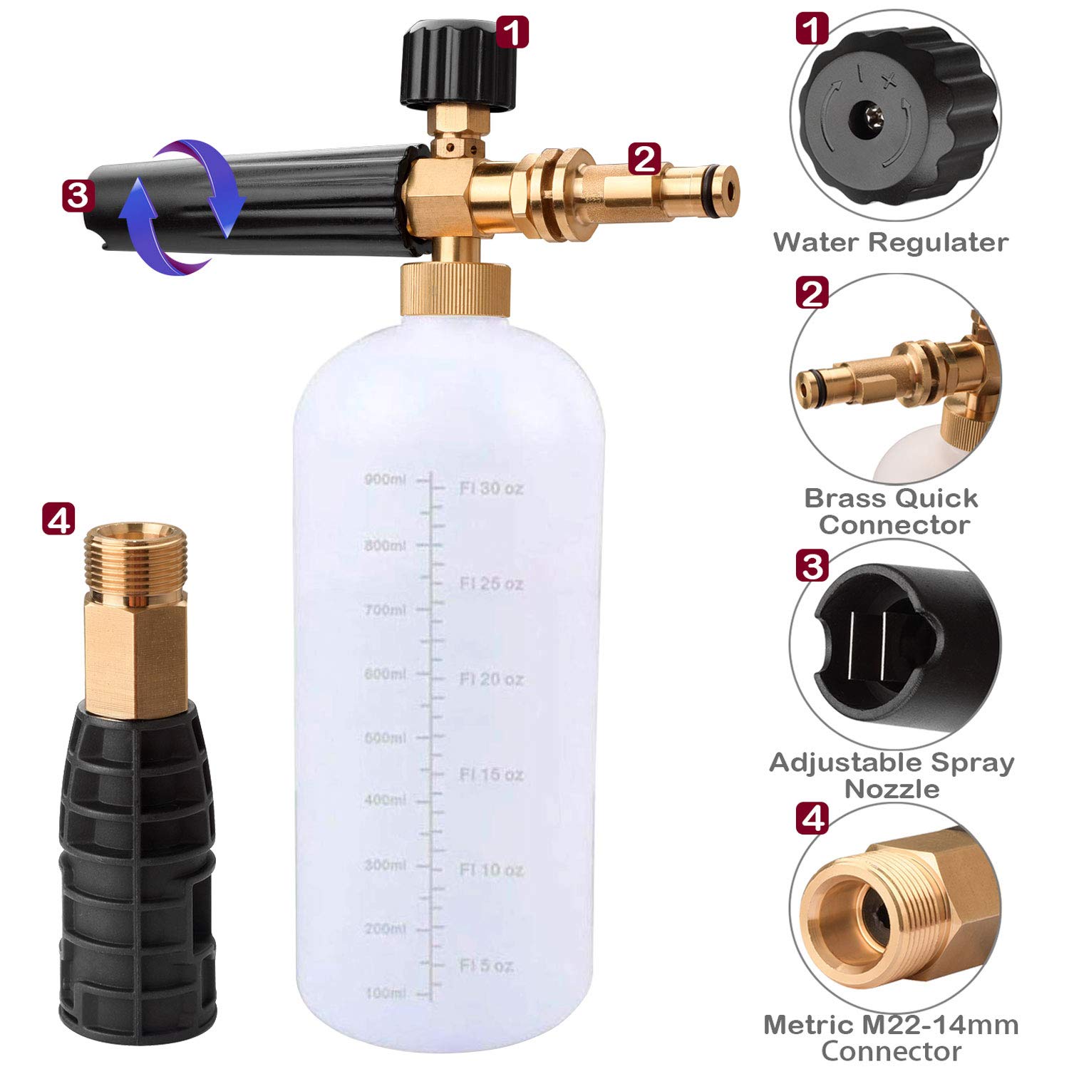 DUSICHIN DUS-115 Foam Cannon Lance for Sun Joe Adjustable Snow Soap Sprayer Sunjoe SPX Pressure Washer Gun Jet Wash Brass Quick Connector 33Oz Container
