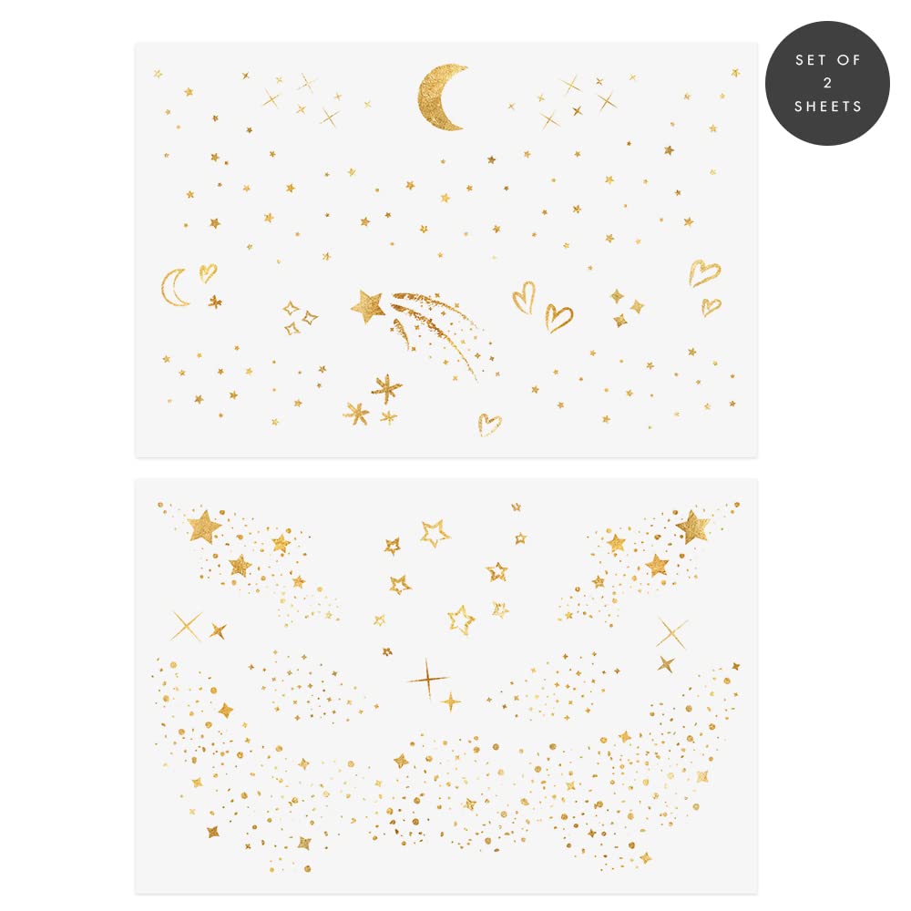Flash Tattoos Pixie Dust Authentic Metallic Temporary tattoos-2 sheet mini pack | Includes over 24 premium foil waterproof tattoos, face glitter, face gems, festival, face freckles