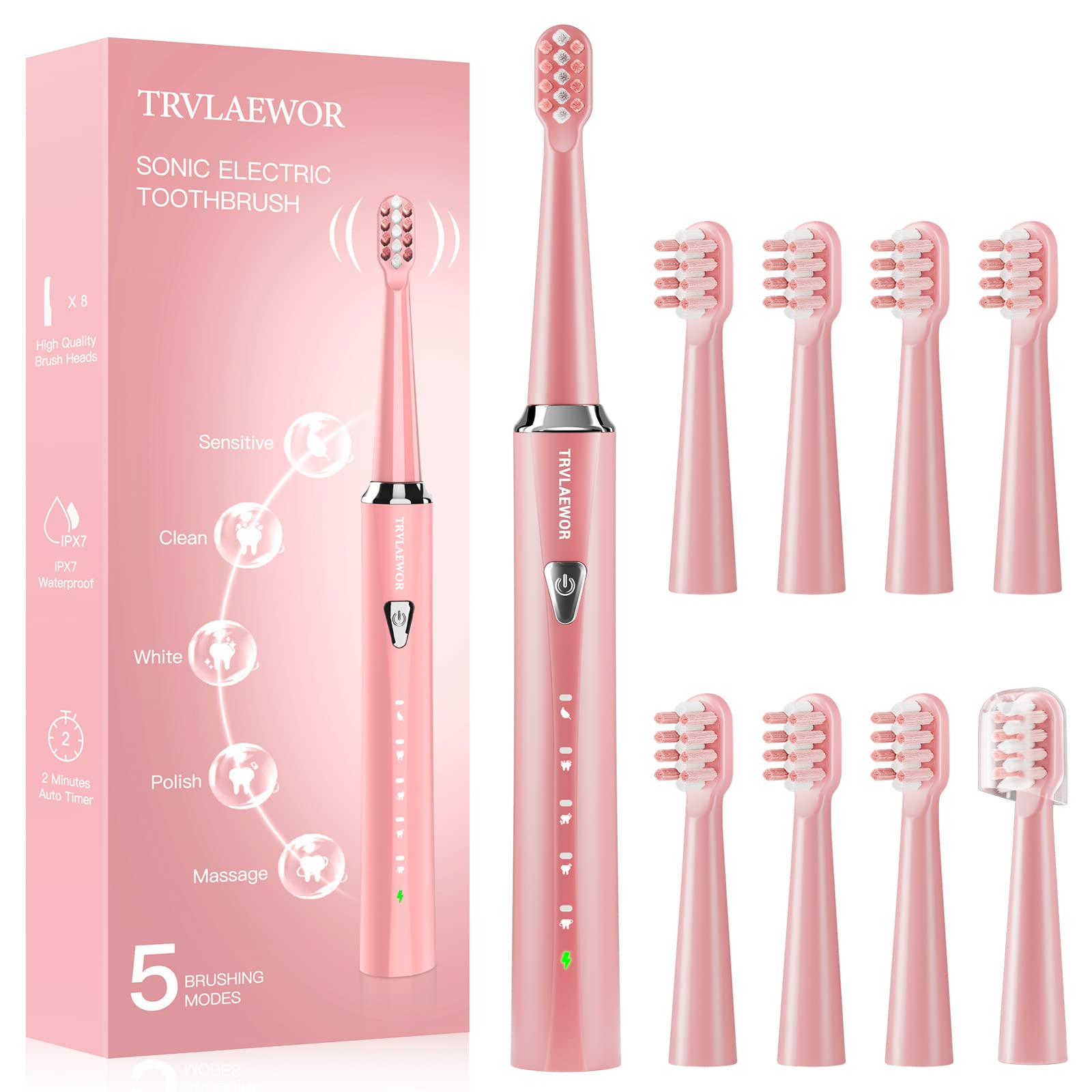 TRVLAEWOR Sonic Electric Toothbrush for Kids and Adults, UltraSonic Motor, 8 Brush Heads, 5 Modes, 3 Hours Fast Charge for 60 Days, Smart Timer, Electric Toothbrushes, Pink
