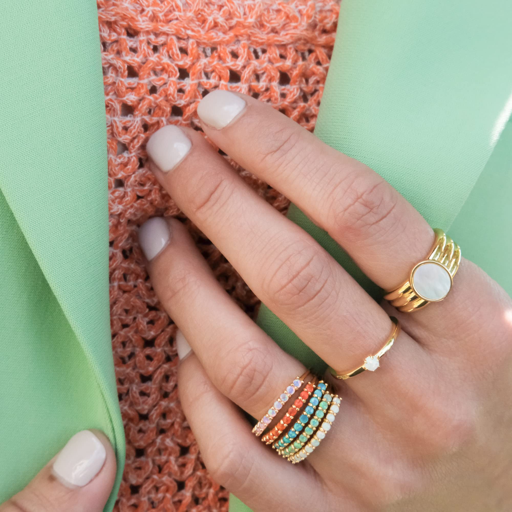 espere Turquoise Blue Opal Ring | Dainty Half Eternity Band with Simulated Opal Gemstones | Minimalist Jewelry Gift for Her [Size 8]
