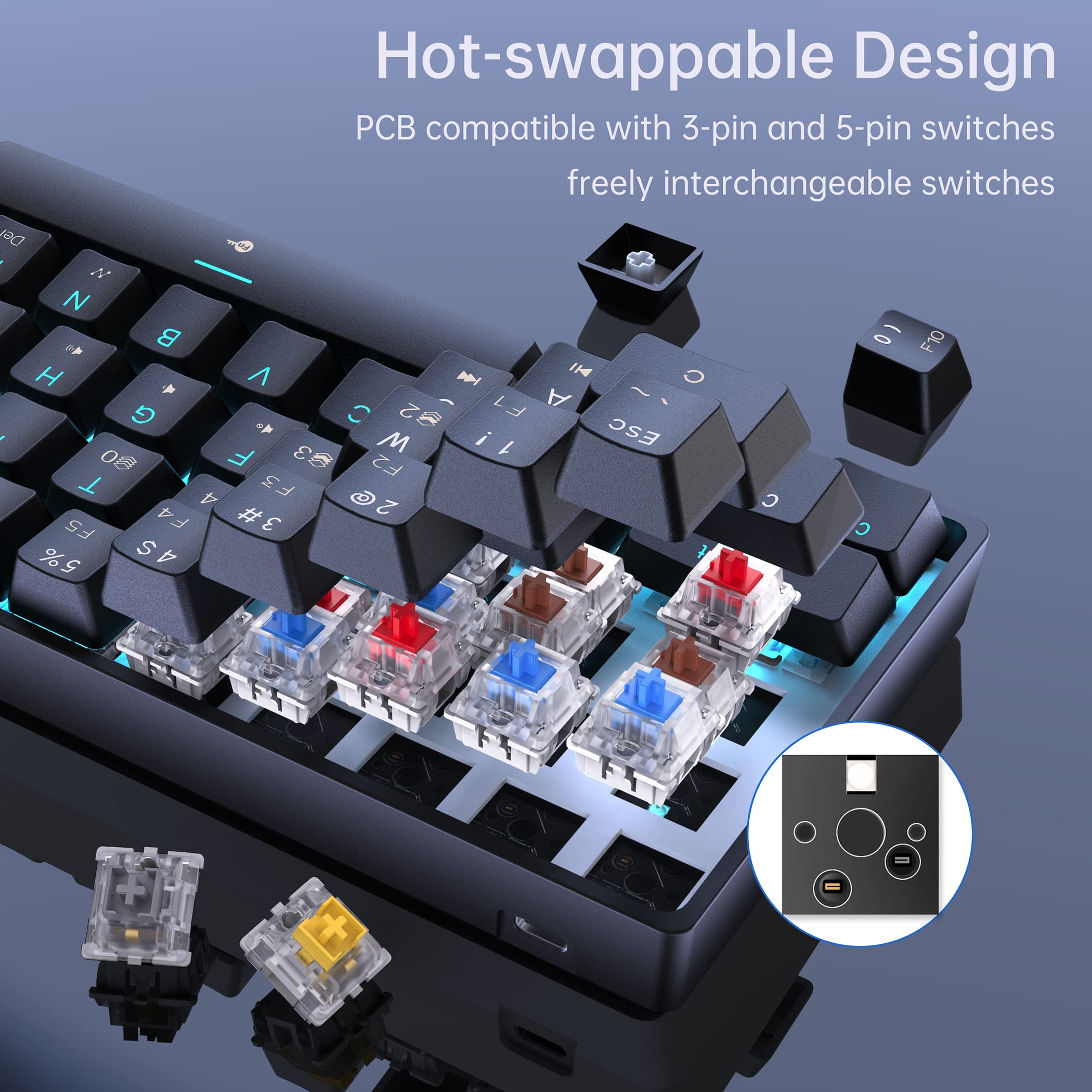 DIERYA DK61E Mechanical Gaming Keyboard, 60% Percent Keyboard w/Hot-swappable, PBT Keycap, Full Keys Programmable, N-Key Rollover, RGB Backlit, USB-C, Ultra-Compact Mini Wired Keyboard w/Red Switch