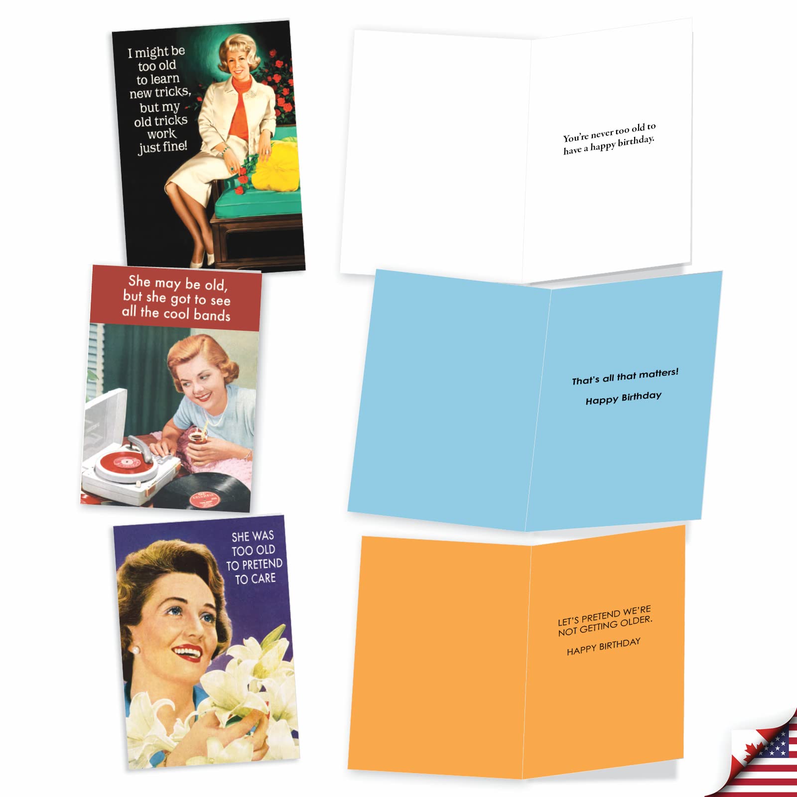 NobleWorks - 10 Funny Birthday Cards Assortment - Adult Retro Notecard Set, Bulk Boxed Humor - Old Enough to Know Better A1236
