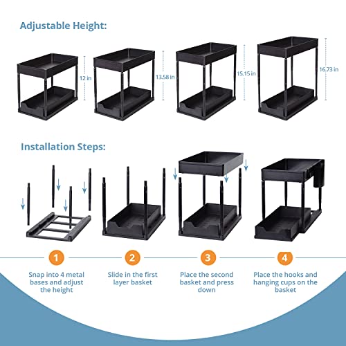 evismo 2-Tier Under Sink Organizer, Bathroom & Kitchen Multipurpose Cabinet Storage, with Pull-out Sliding Drawer, Hooks & Hanging Cups, Adjustable Height, Cabinet Organizer, Black