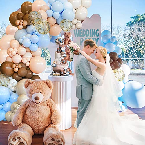 iLaFm 148pcs Brown Coffee Blue Balloons Garland Arch Kit, Boho Tan Teddy Bear We Can Bearly Wait Shower Gender Reveal Birthday Wedding Party Supplies Decorations