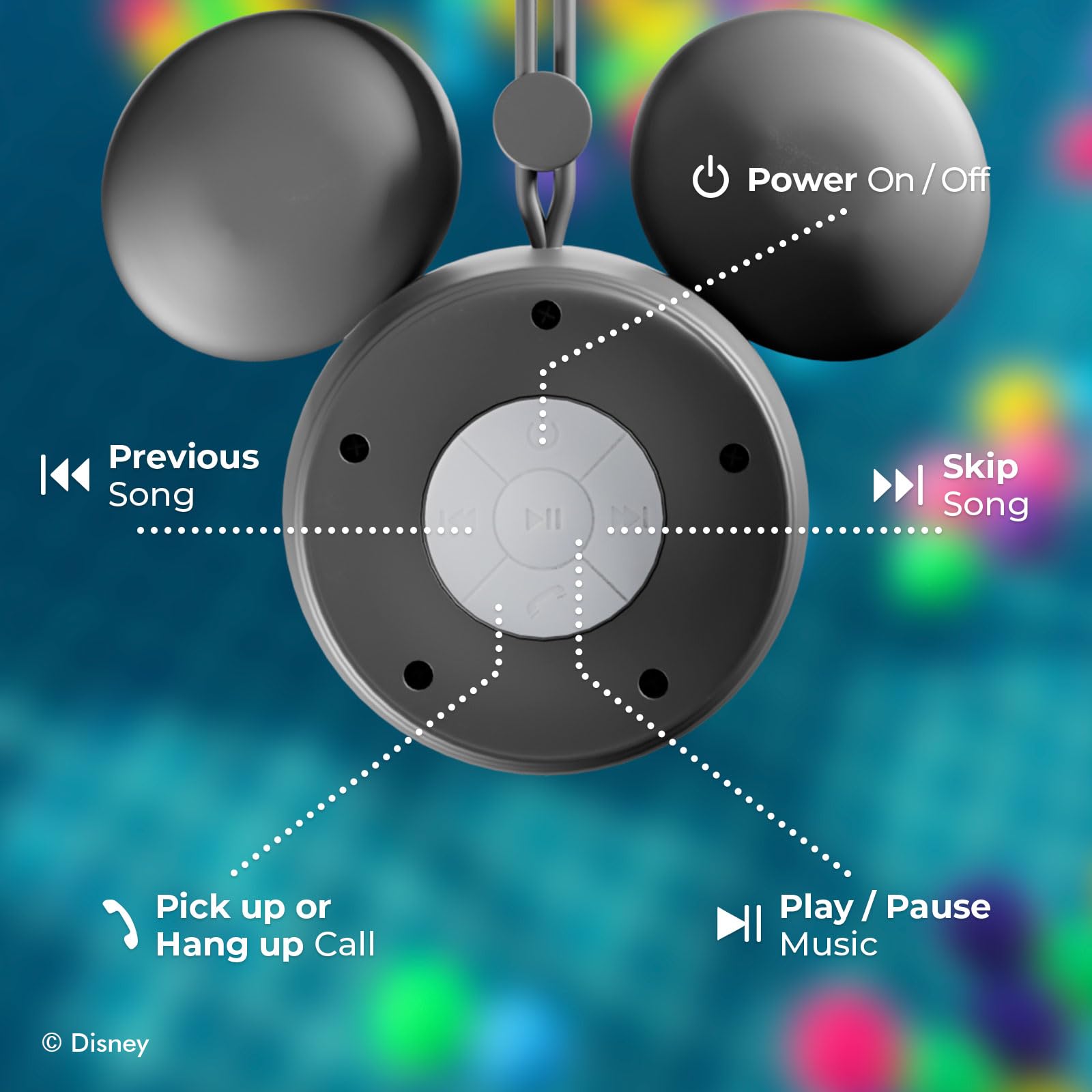 Disney Mickey Mouse Ears Bluetooth Shower Speaker with Suction Cup β Disney IPX4 Rated Water Resistant Speaker for Shower, Baths| Up to 5 HRs Playtime, Built in Button Controls and Mic for Phone Calls