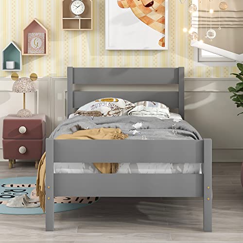 Tensun Twin Bed with Headboard and Footboard,Wooden Bed Frame for Girls Boys,No Box Spring Needed, Easy Assembly,Grey