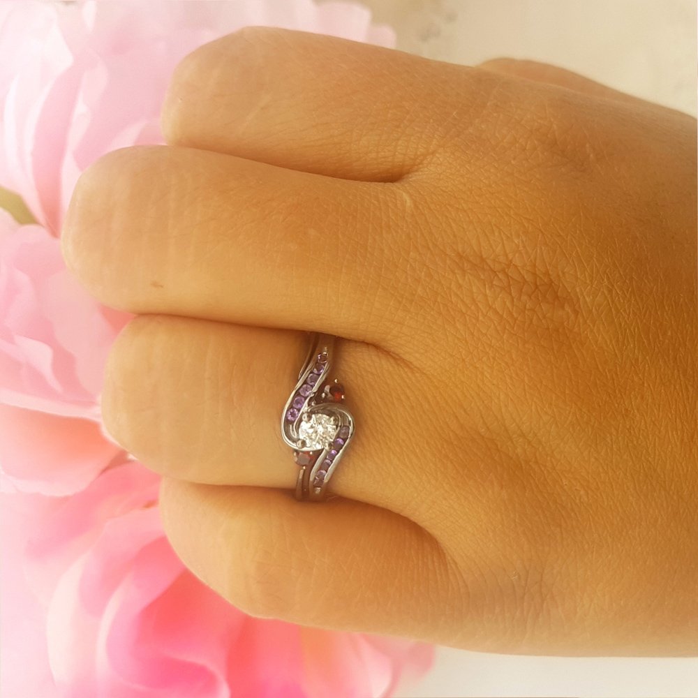 Dazzlingrock Collection Black Rhodium Plated Sterling Silver Round Amethyst, Garnet & Diamond Wedding Ring Set in 925 Sterling Silver, Size 6.5