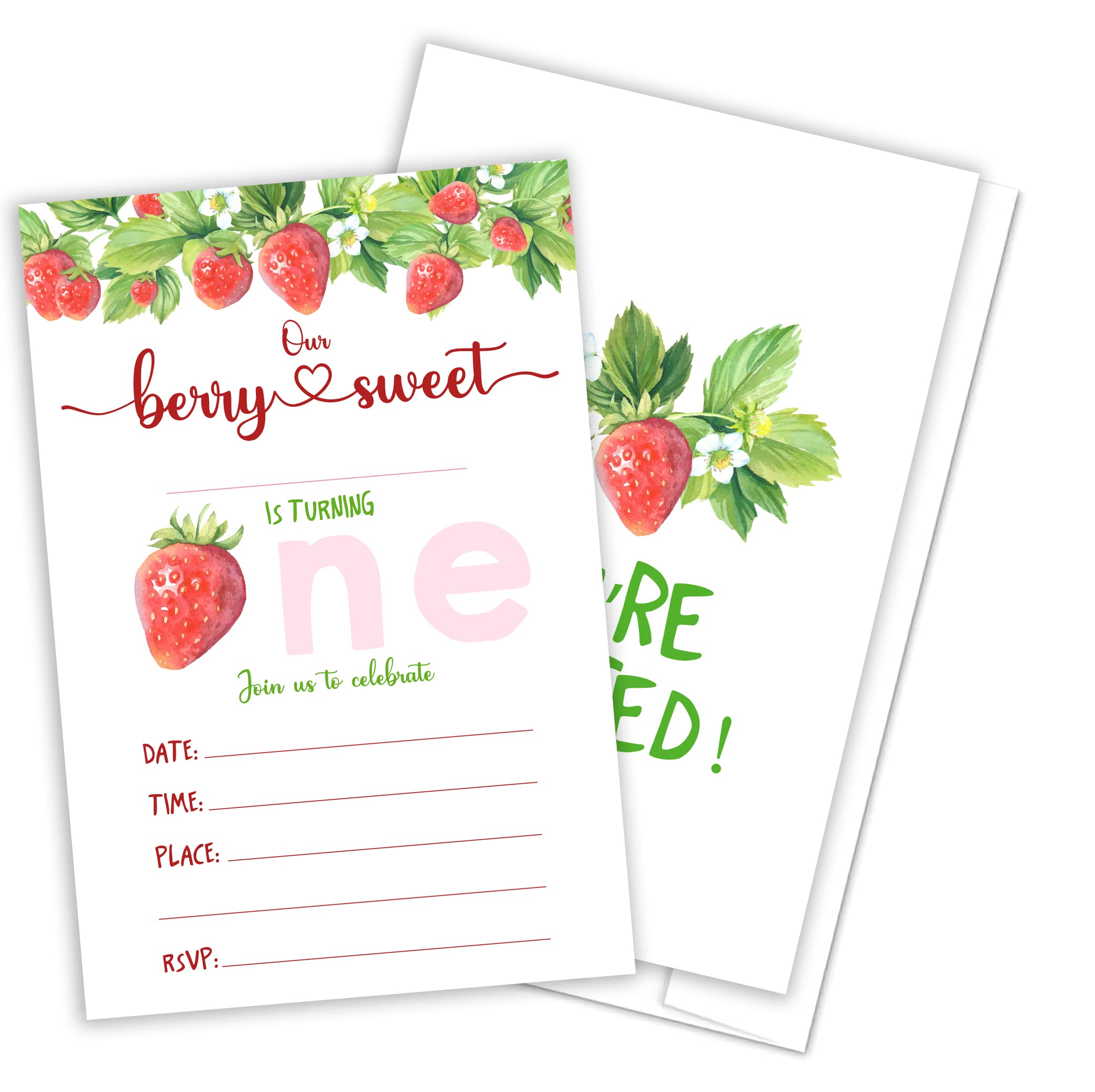 QOFO Sweet Strawberry First Birthday Party Invitation Card-Set of 20 With Envelopes,Birthday Invitation Cards,Birthday Party Decorations And Supplies-YQC31