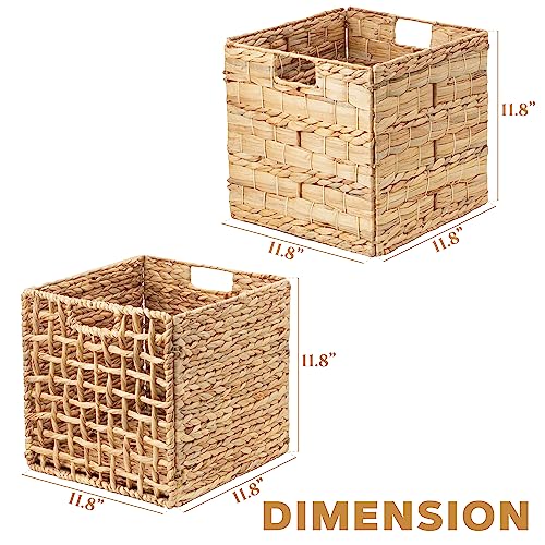 GaiaMade Water Hyacinth Storage Basket Set Of 2, Natural Foldable Storage Cubes, Handwoven Cube Organizer Bins For The Living Room And Laundry, Special Pattern.
