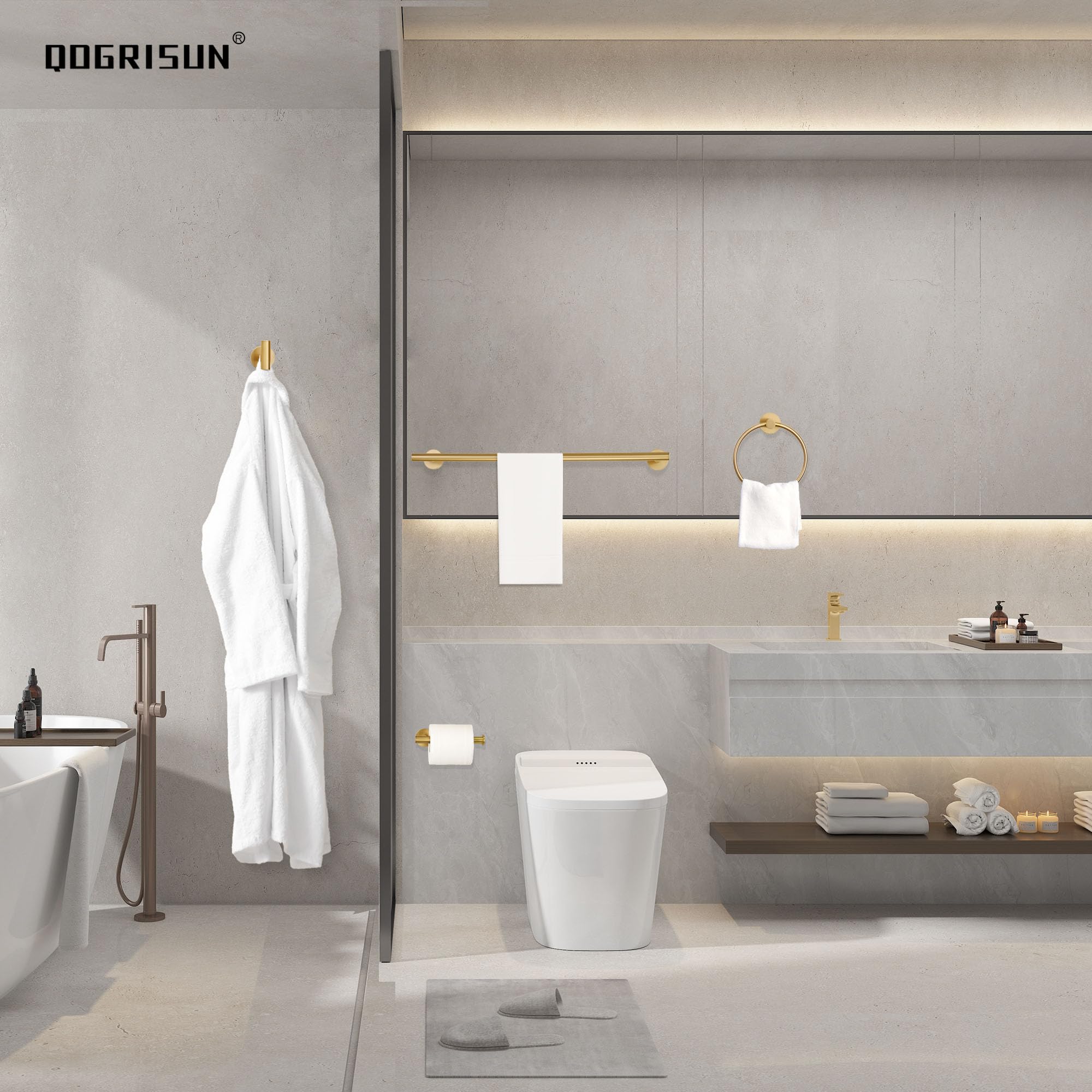 QOGRISUN Brass Towel Hook for Bathroom, Gold Coat Hook Door Hanger Towel Robe Hook Heavy Duty,Modern Brass Bathroom Accessories Wall Mounted, 1 Pack Brushed Brass